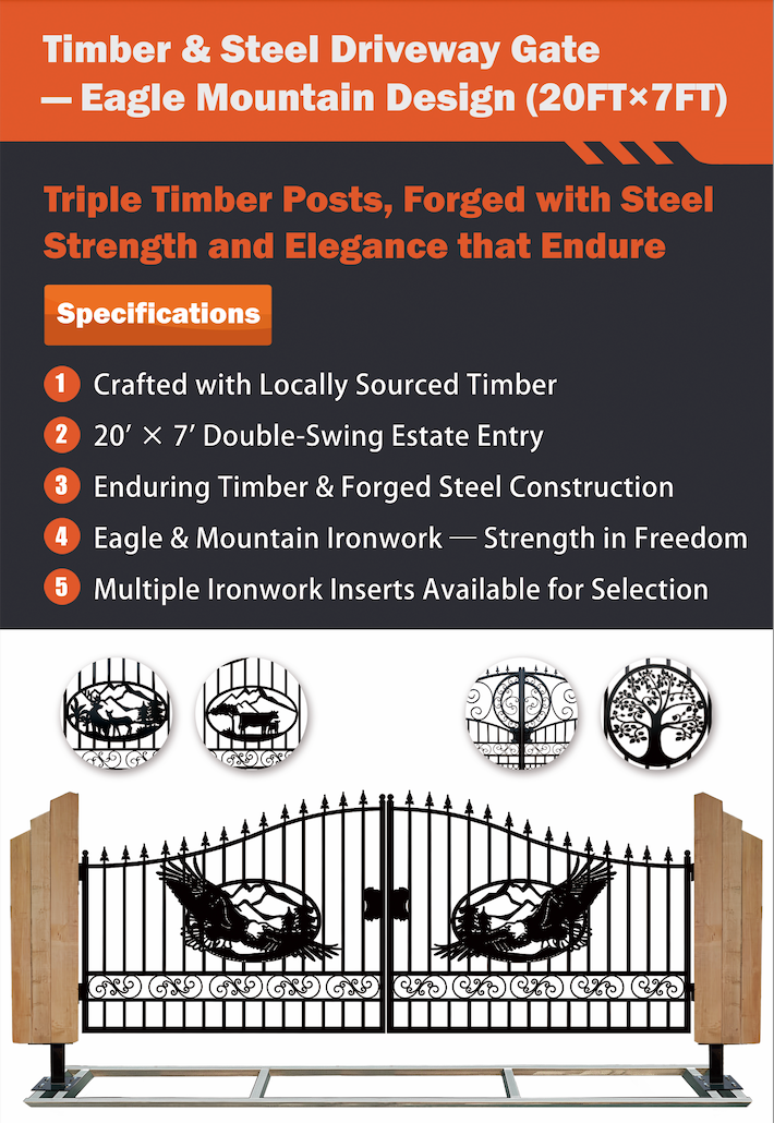 Triple Timber Posts Metal Driveway Gate – Eagle Mountain Design – Gate ...
