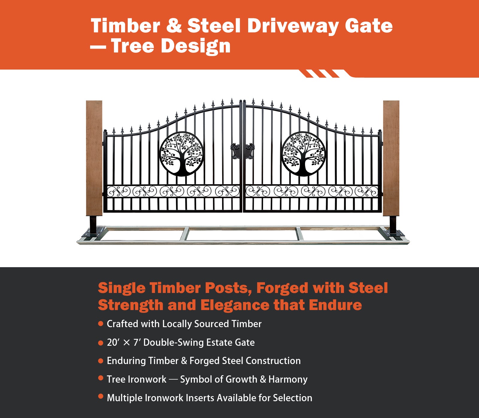 Single Timber Post Metal Driveway Gate – Tree of Life – Gate Depots