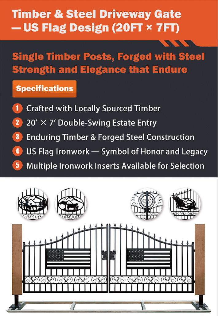 Single Timber Posts Metal Driveway Gate – US Flag Design – Gate Depots